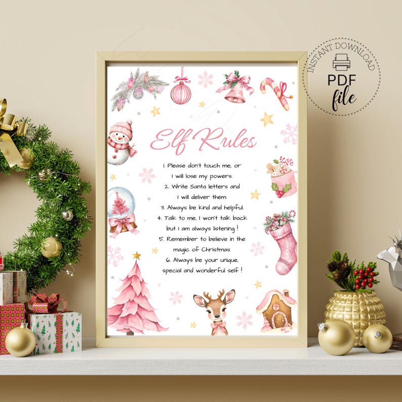 Pink Elf Rules Sign, Printable Christmas Girl Elf Arrival Letter (PDF ...
