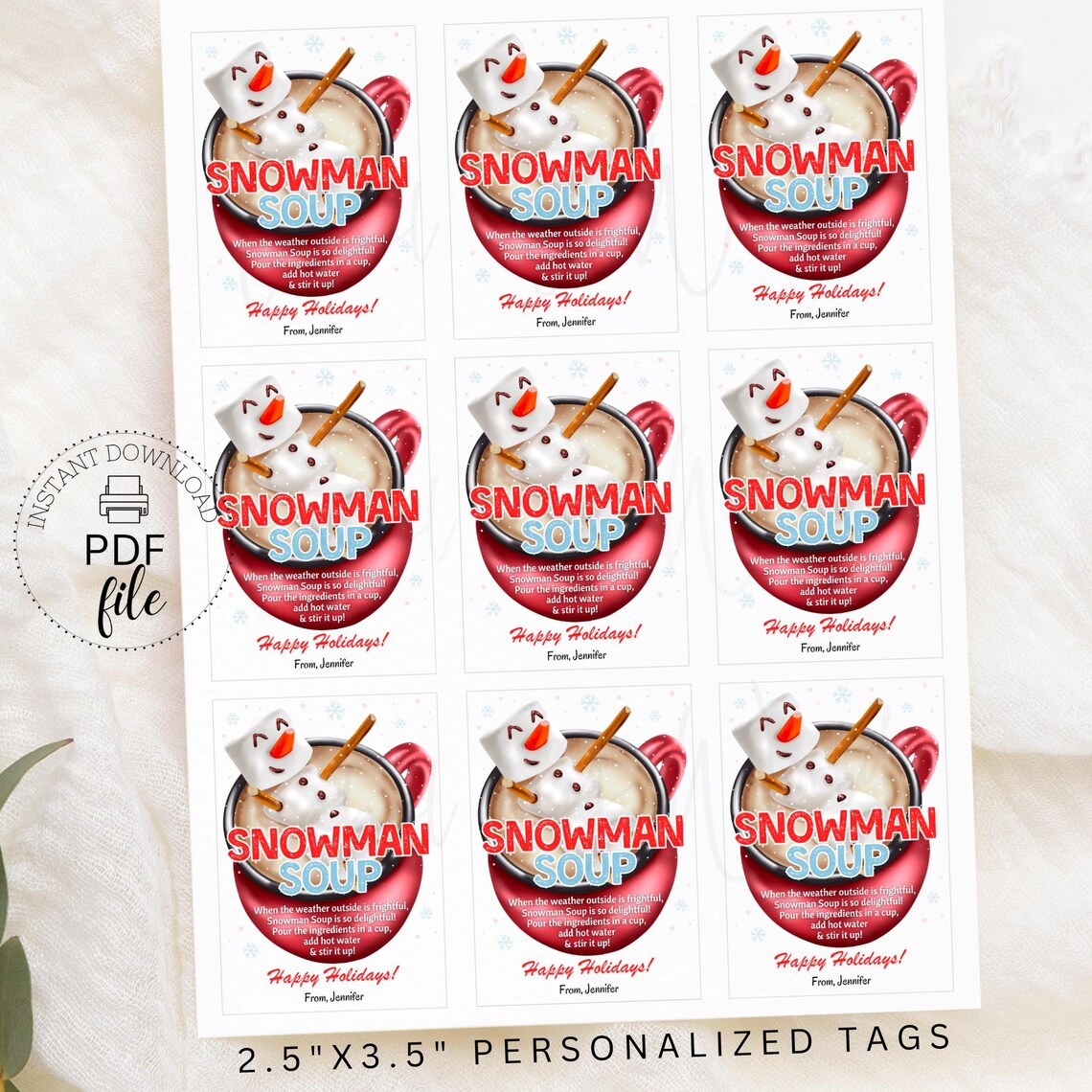 Printable Snowman Soup Gift Tags, Christmas Hot Chocolate Kit Tags (PDF ...