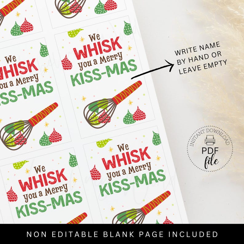Printable We Whisk You A Merry Kissmas Tags, Personalized Christmas ...