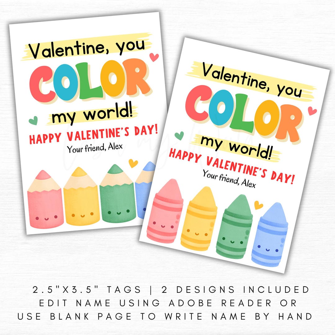 Printable Valentine Crayons & Colored Pencils Gift Tags, Personalized ...
