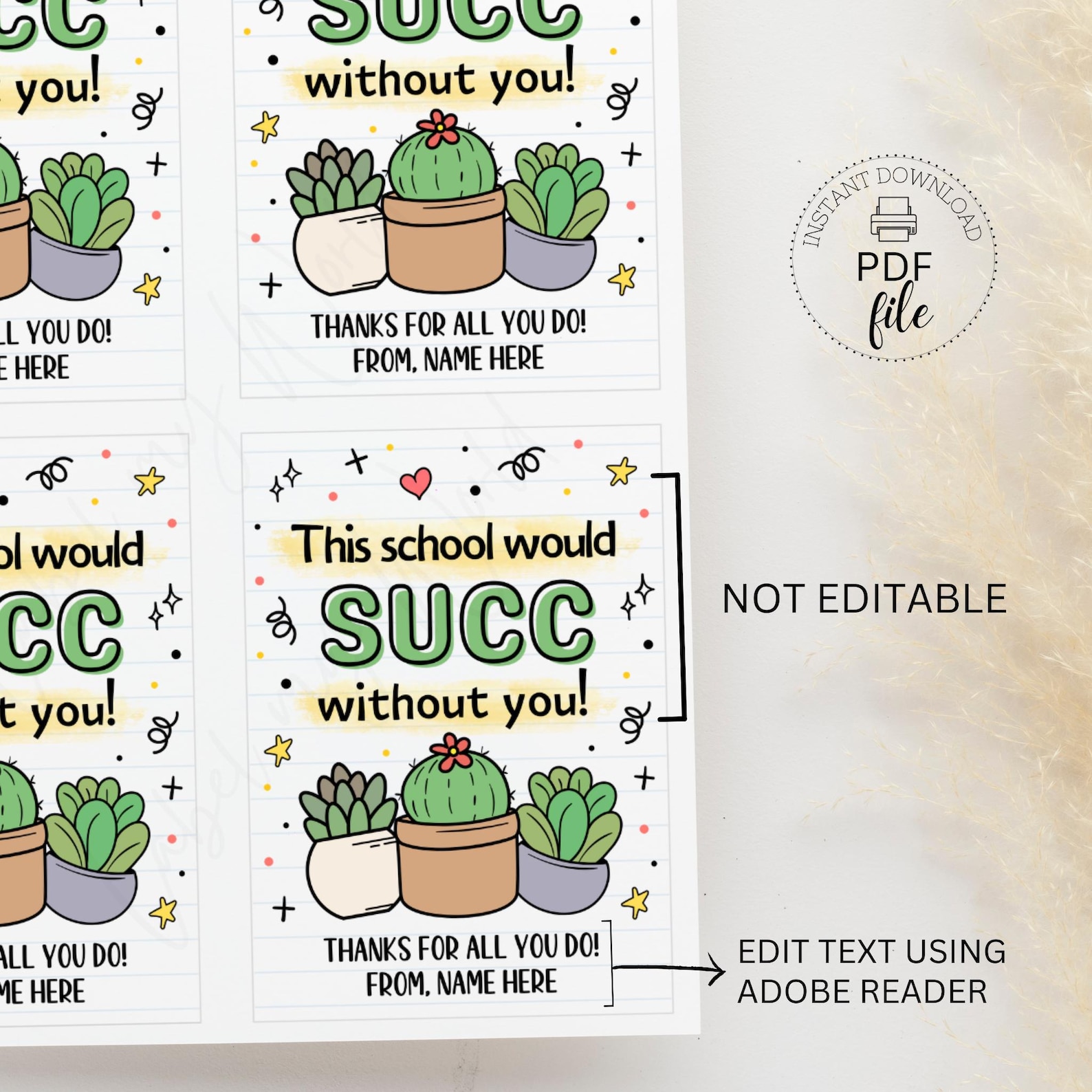 Printable Teacher Appreciation Succulent Tag, School Would Succ Without ...