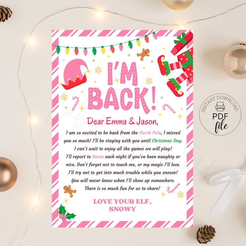 Printable Pink Elf Arrival & Goodbye Letters, Christmas Elf Return 5x7 ...