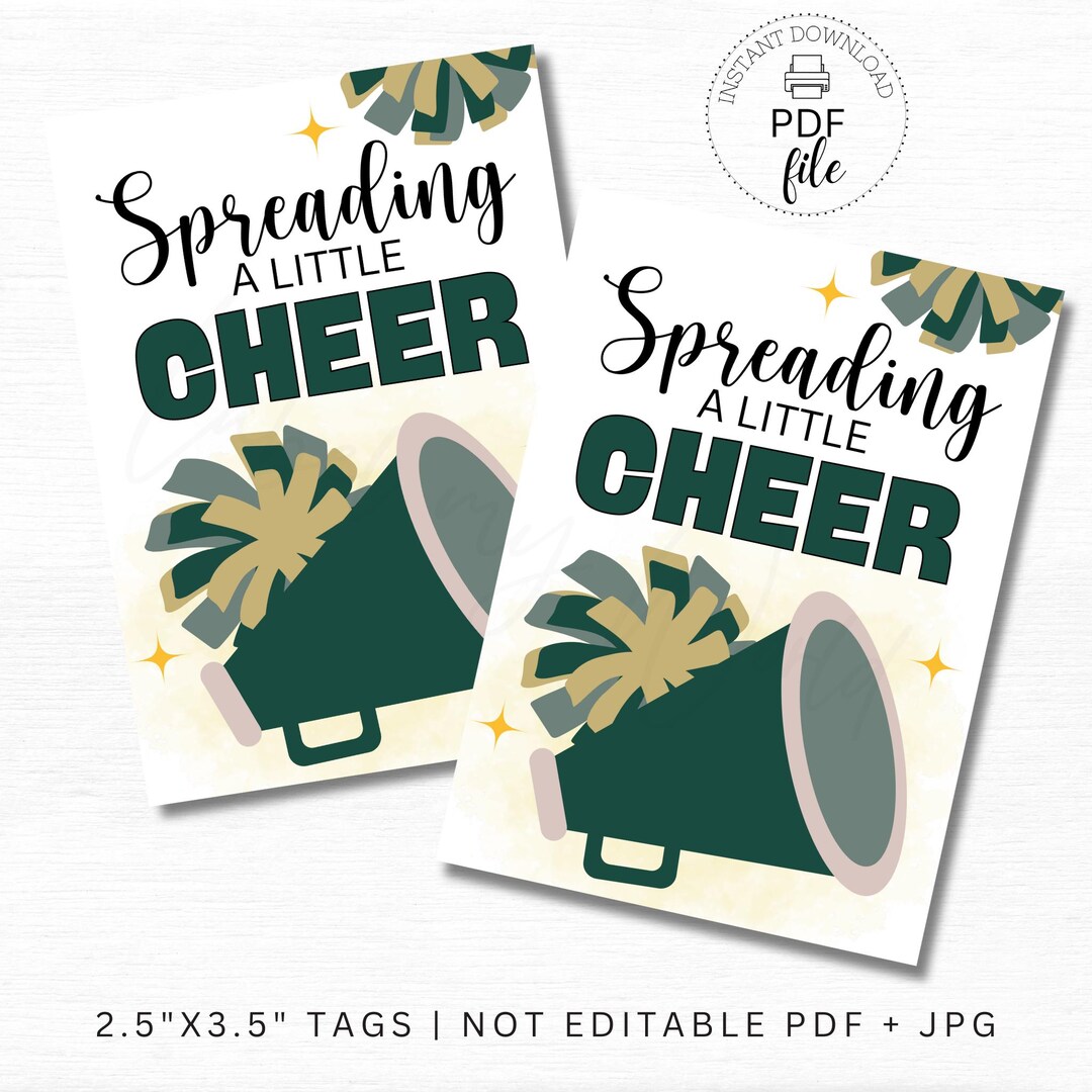 Printable Dark Green & Gold Spreading a Little Cheer Tags, Cheerleading ...