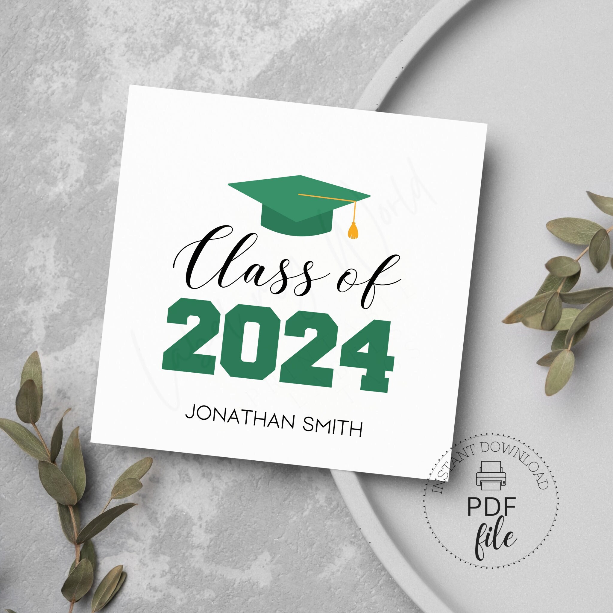 Graduation Green Grad Cap Gift Tag Editable Class of 20xx Graduate Name ...