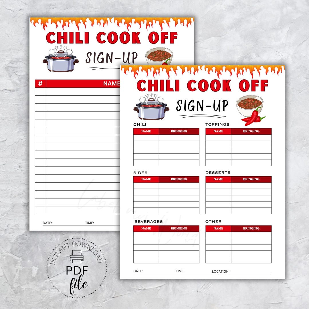 Chili Cook-off Sign up Sheet, Printable Chili Competition Fillable Sign ...
