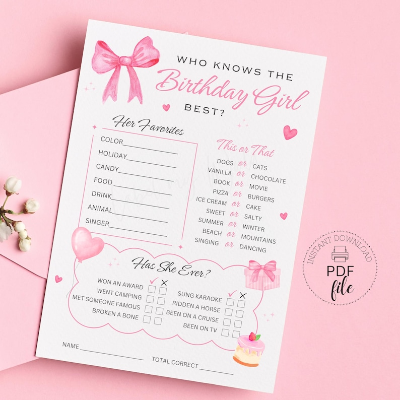 Pink Bow Who Knows the Birthday Girl Best Game, Printable Coquette ...