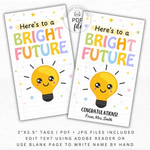 Printable Here's to A Bright Future Gift Tag, Light Bulb Graduation ...