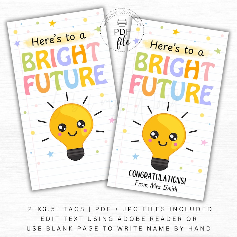Printable Here's to A Bright Future Gift Tag, Light Bulb Graduation ...