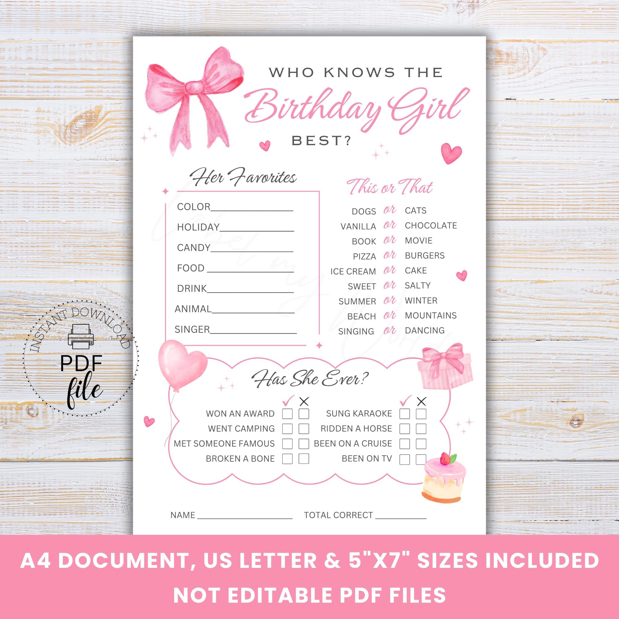 Pink Bow Who Knows the Birthday Girl Best Game, Printable Coquette ...