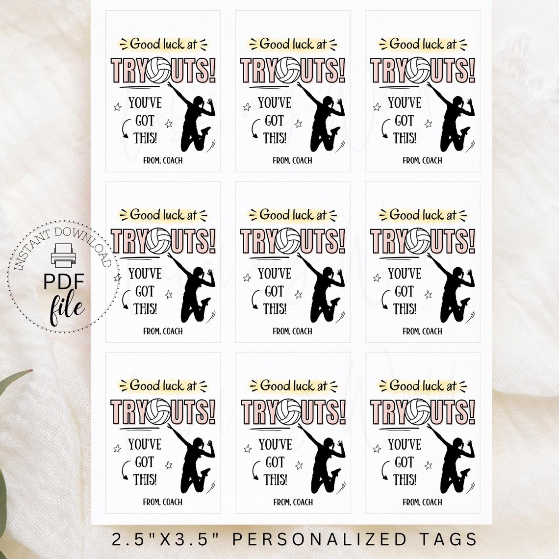 Volleyball Good Luck at Tryouts Printable Gift Tag, Personalized You've ...