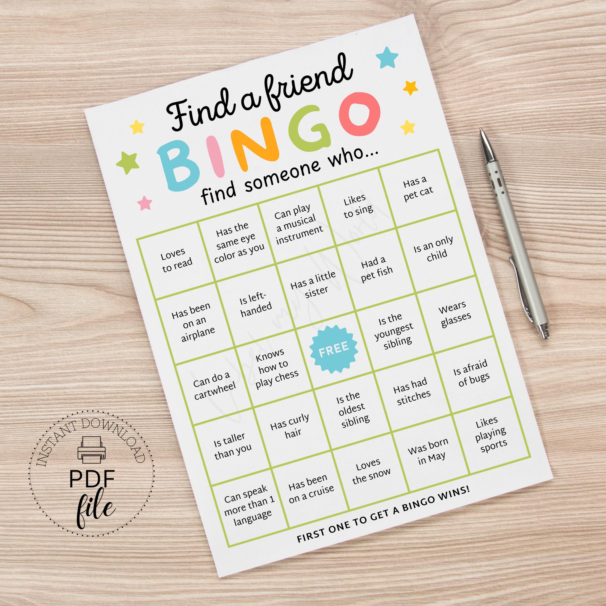 Printable Find a Friend Bingo, Find Someone Who Bingo Game Pre-filled ...