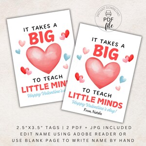 Printable Teacher Valentine's Day Gift Tag, Personalized It Takes A Big ...