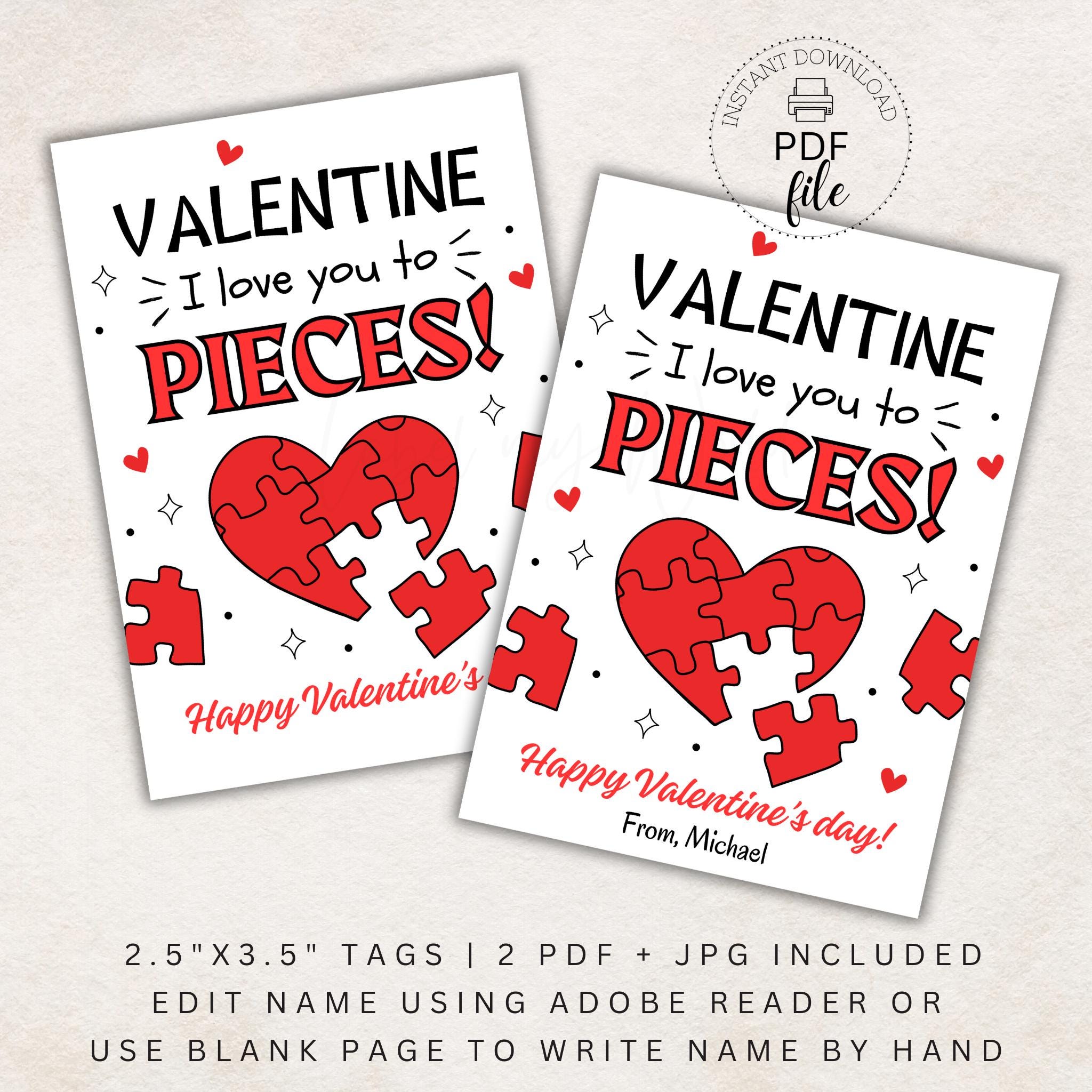Printable Puzzle Heart Gift Tag, Personalized I Love You to Pieces ...