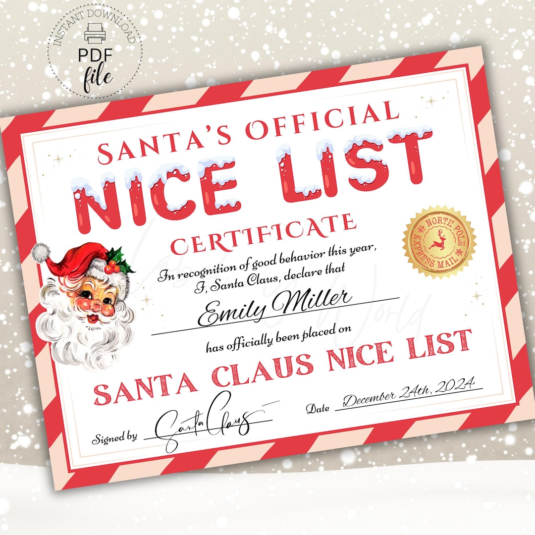 Santa Claus Official Nice List Printable Certificate, Christmas Eve 11 ...