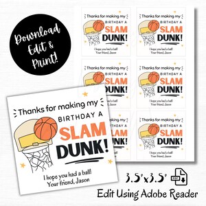 Printable Thanks for Making My Birthday a Slam Dunk Gift Tags ...