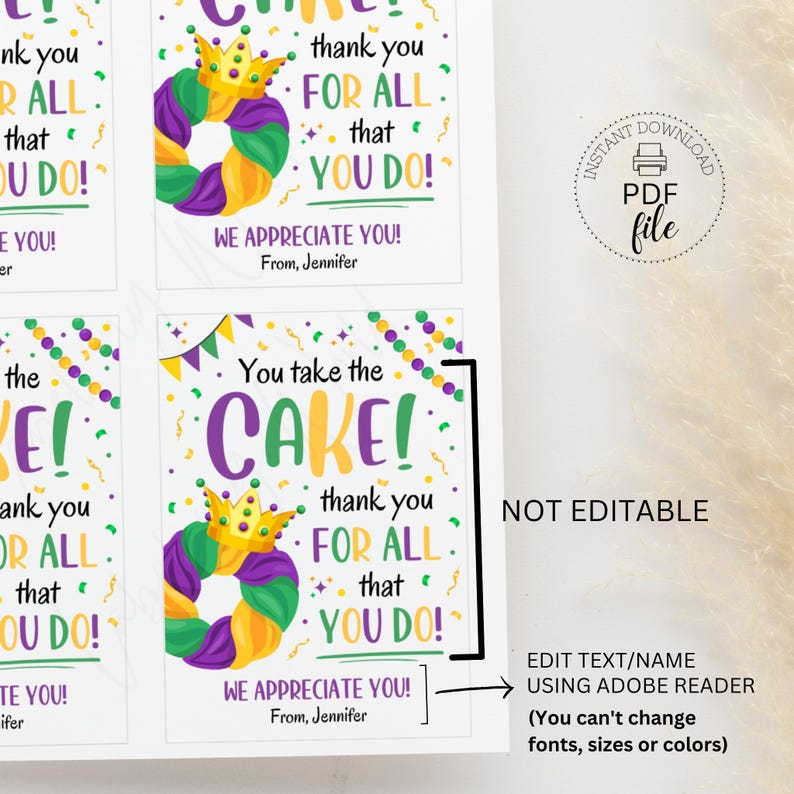 Printable Mardi Gras Gift Tag, You Take the Cake Thank You for All That ...