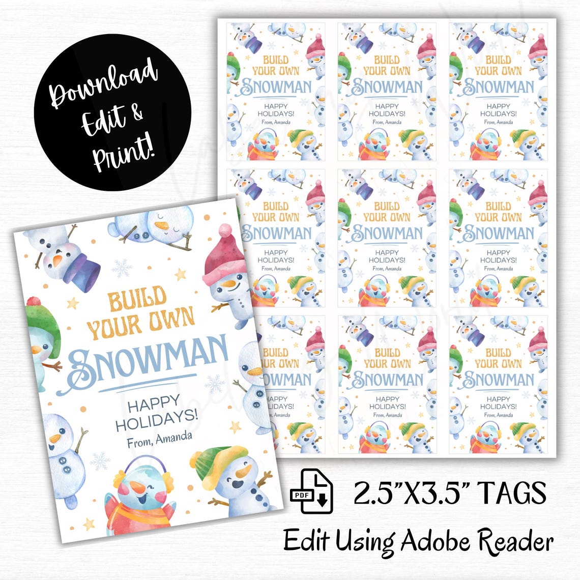 Printable Build Your Own Snowman Tag, Personalized Winter School ...