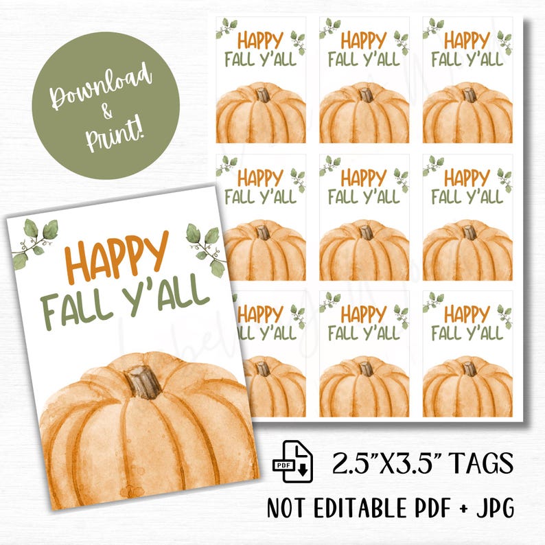 Printable Happy Fall Y'all Gift Tag, Personalized Pumpkin Autumn Treat ...