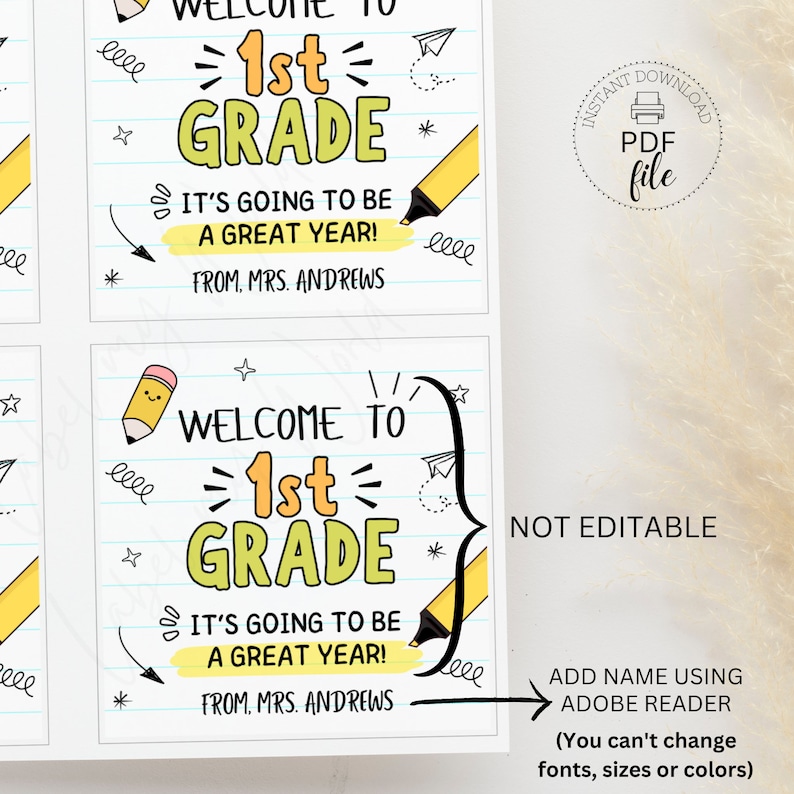 Printable Welcome to First Grade Gift Tag, Personalized Teacher ...