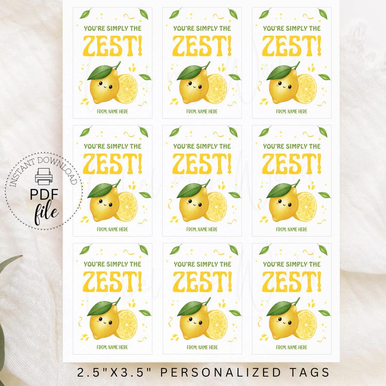 You're Simply the Zest Printable Gift Tag, Lemon Party Favor Tags (PDF ...
