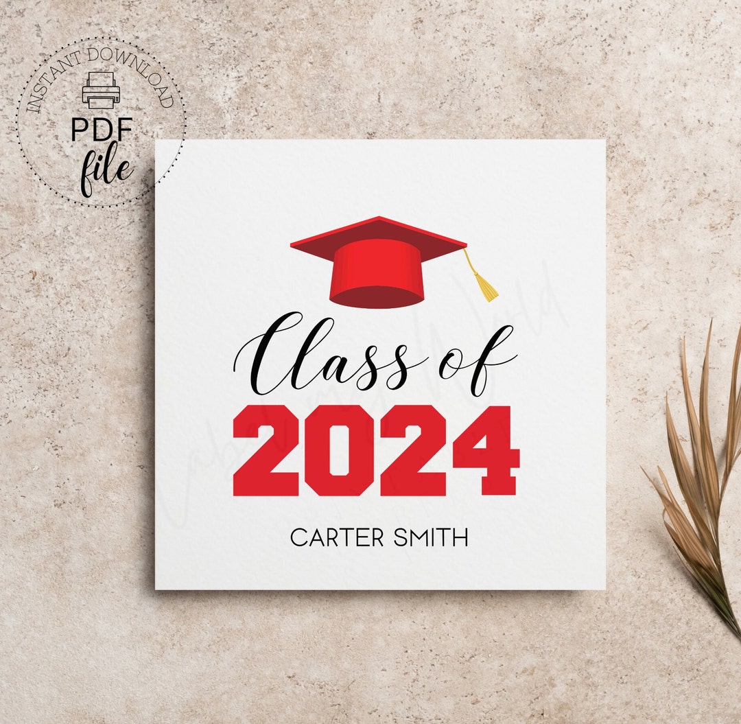 Graduation Red Grad Cap Gift Tag | Editable Class of 20xx Graduate Name ...