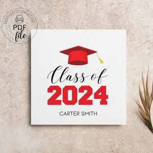 Graduation Red Grad Cap Gift Tag | Editable Class of 20xx Graduate Name ...