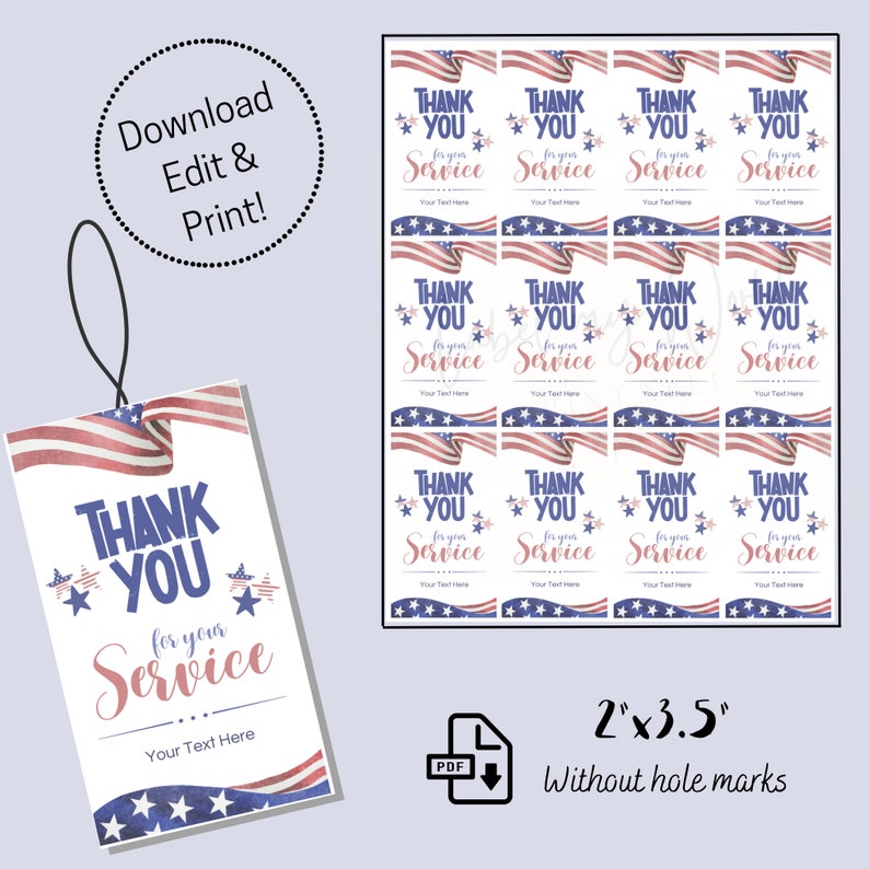Editable Thank You for Your Service Gift Tag American Flag Military ...