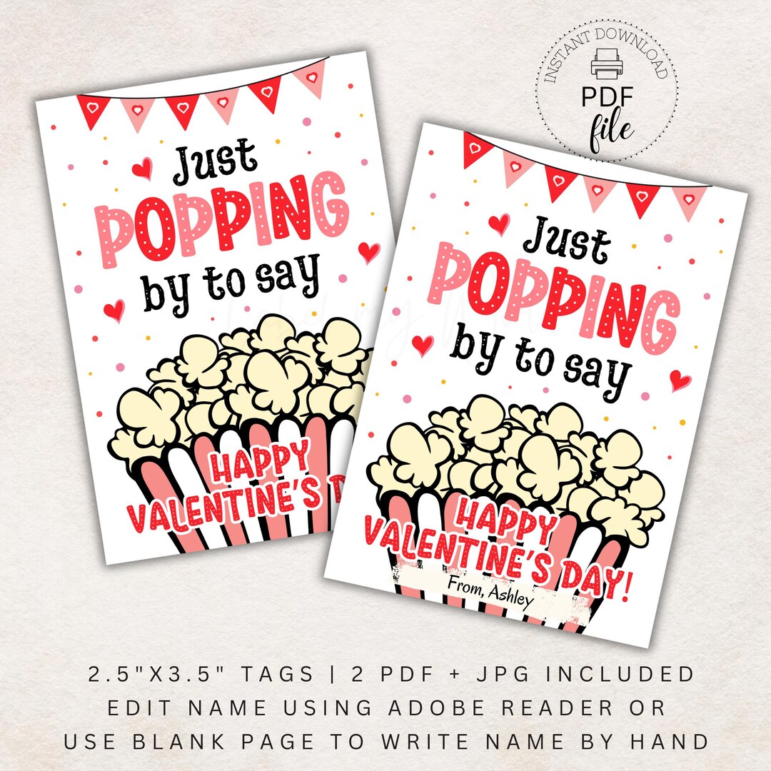 Printable Valentine Popcorn Tag, Personalized Just Popping by to Say ...