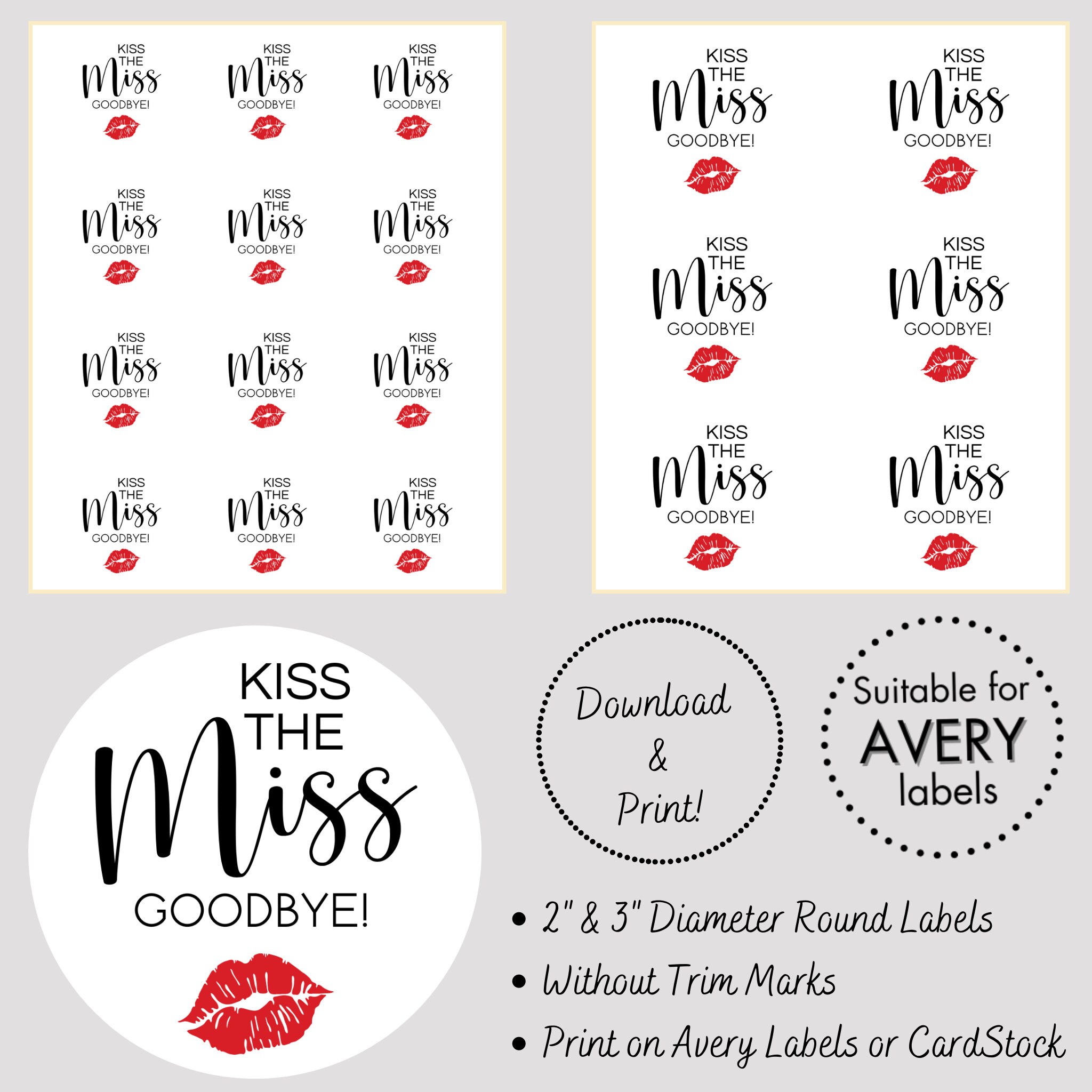 Kiss the Miss Goodbye Stickers Bachelorette Party, Bridal Shower Round ...