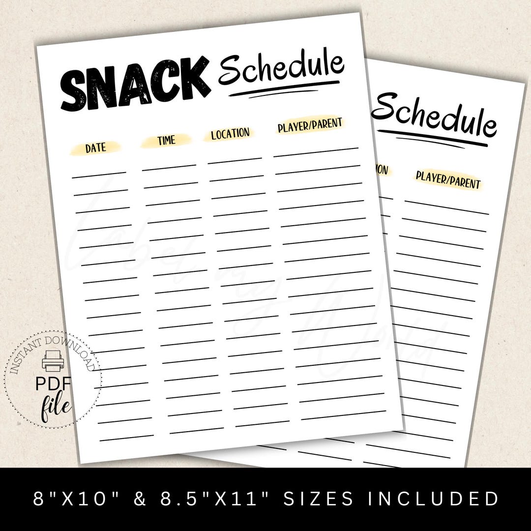 Printable Easy Snack Schedule Template 8.5x11 & 8x10 PDF JPG, Sports ...