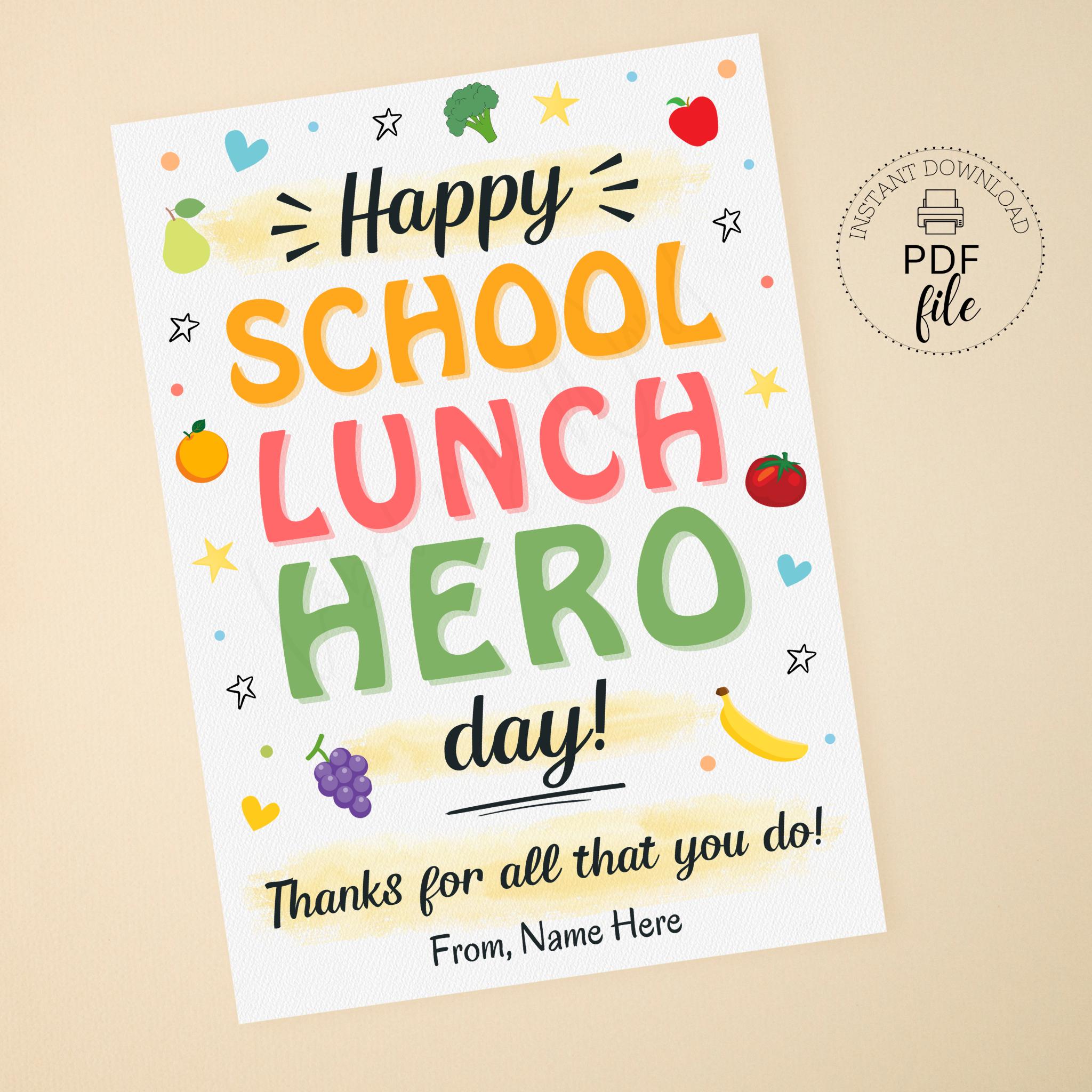 Printable Happy School Lunch Hero Day Gift Tag, Cafeteria Thank You for ...
