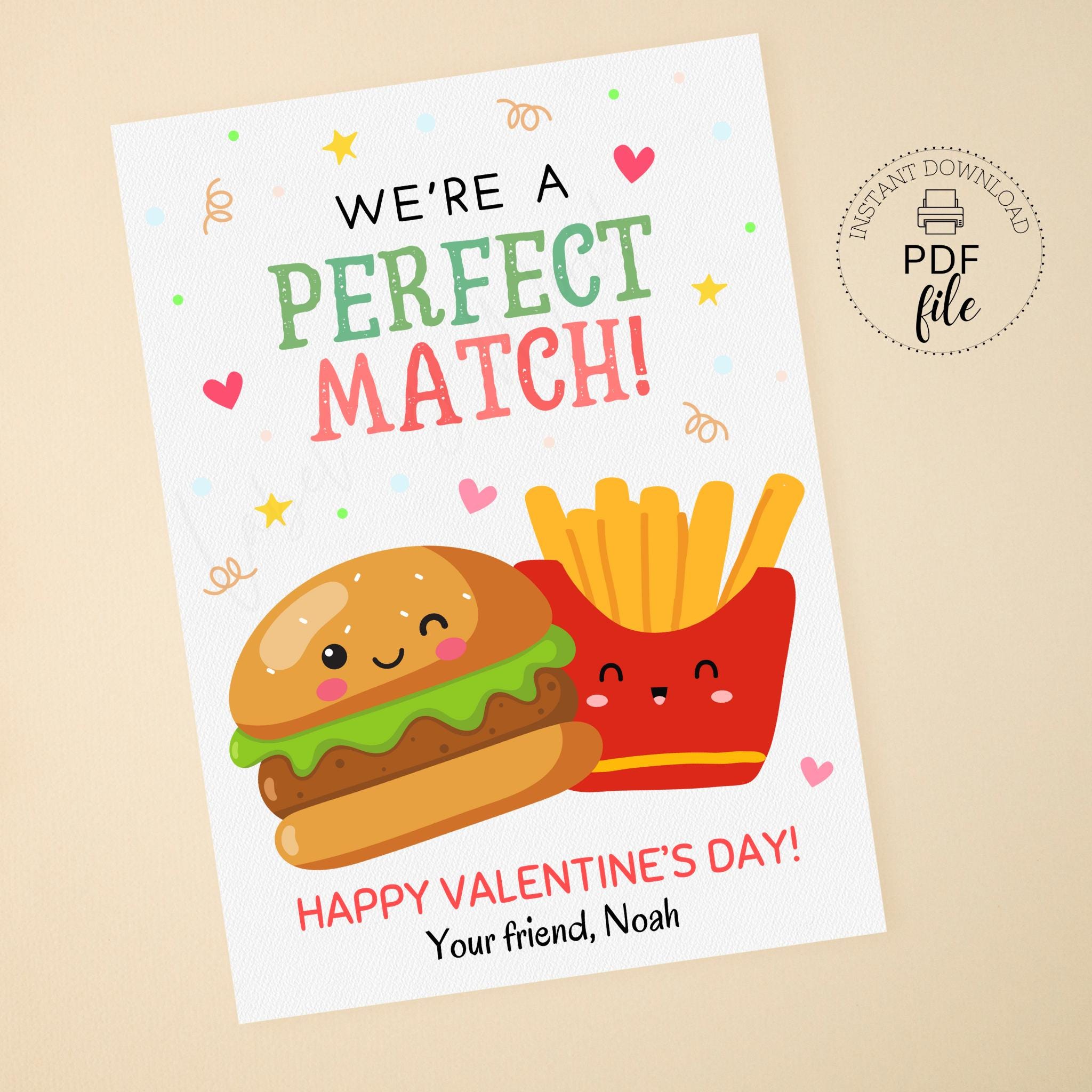 Printable Perfect Match Valentines Gift Tags, Cute Burger/fries & Egg ...