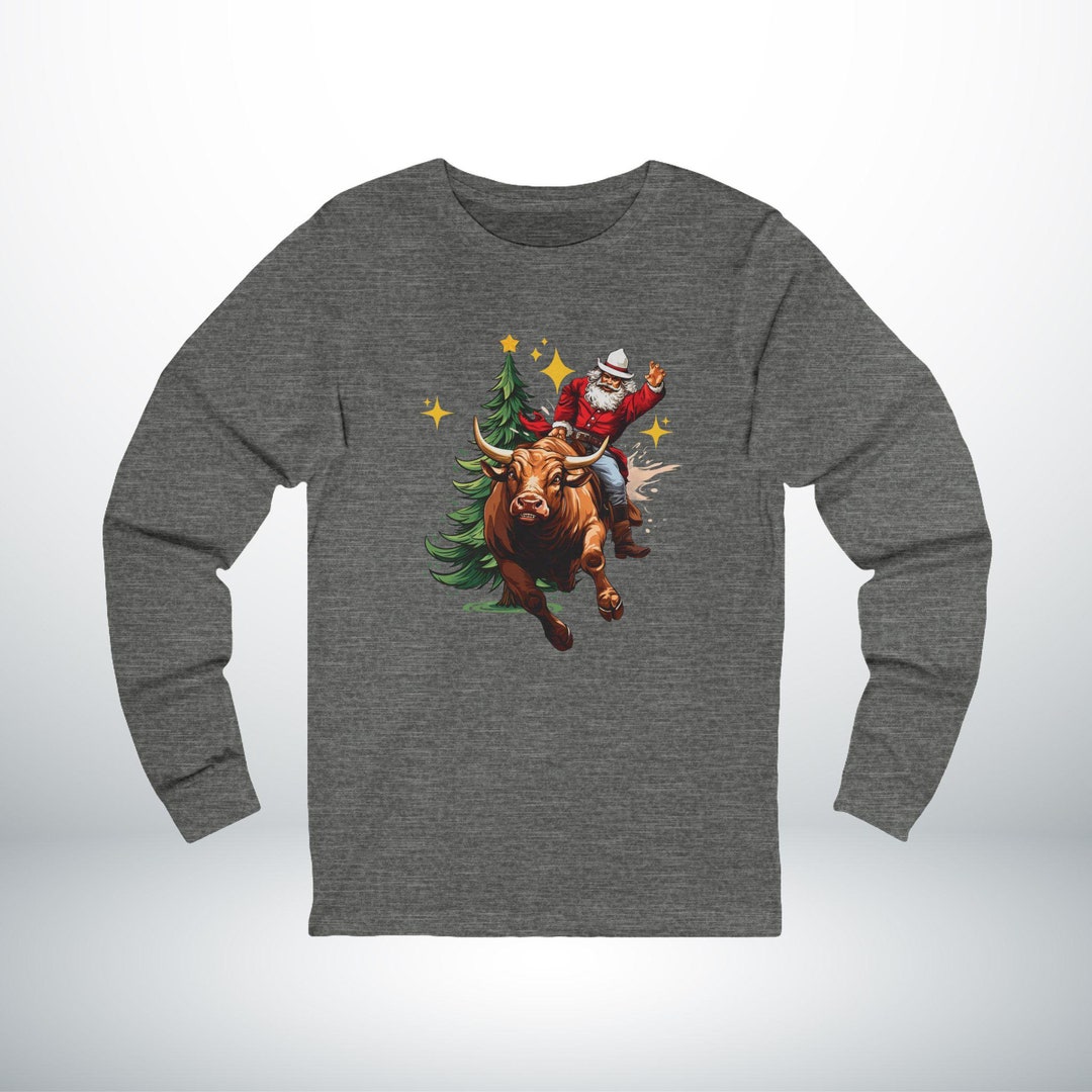 Vintage Bull Riding Cowboy Santa Claus Long Sleeve Tee Rodeo Gift ...