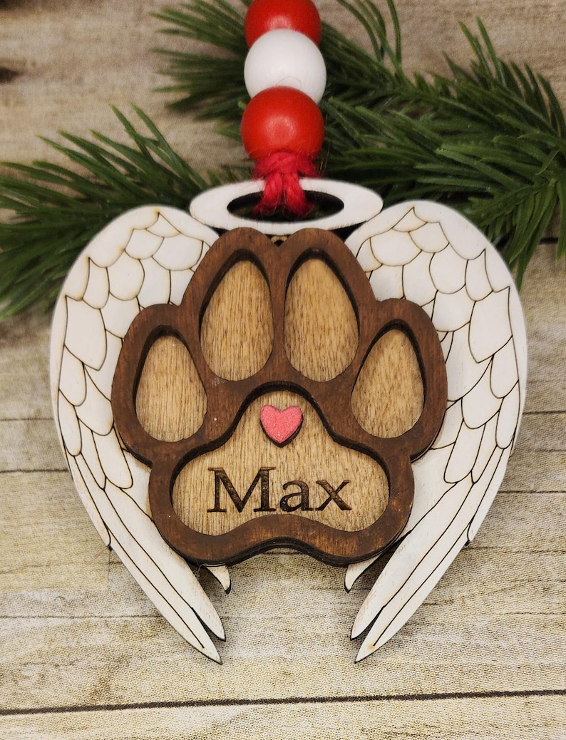 Personalized Dog Memorial Ornament – Angel Wings, Paw Print & Halo ...