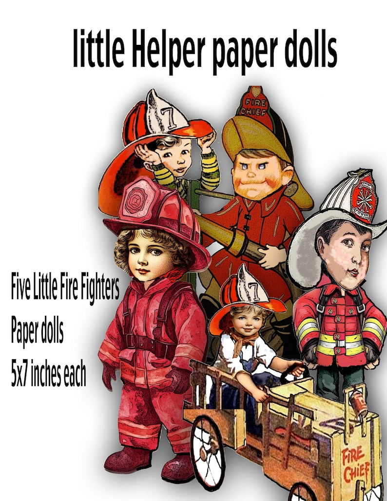 Printable Vintage Little Firefighter Paper Doll Clip Art 5x7 Inch Files ...
