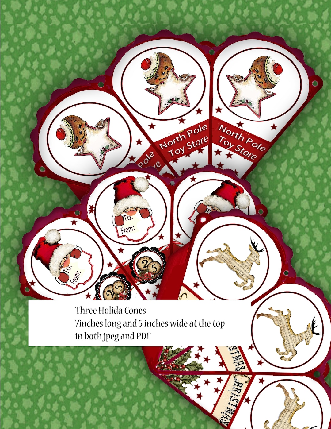 Printable Whimsical 3 Vintage Christmas Cones for Christmas Decor Tree ...