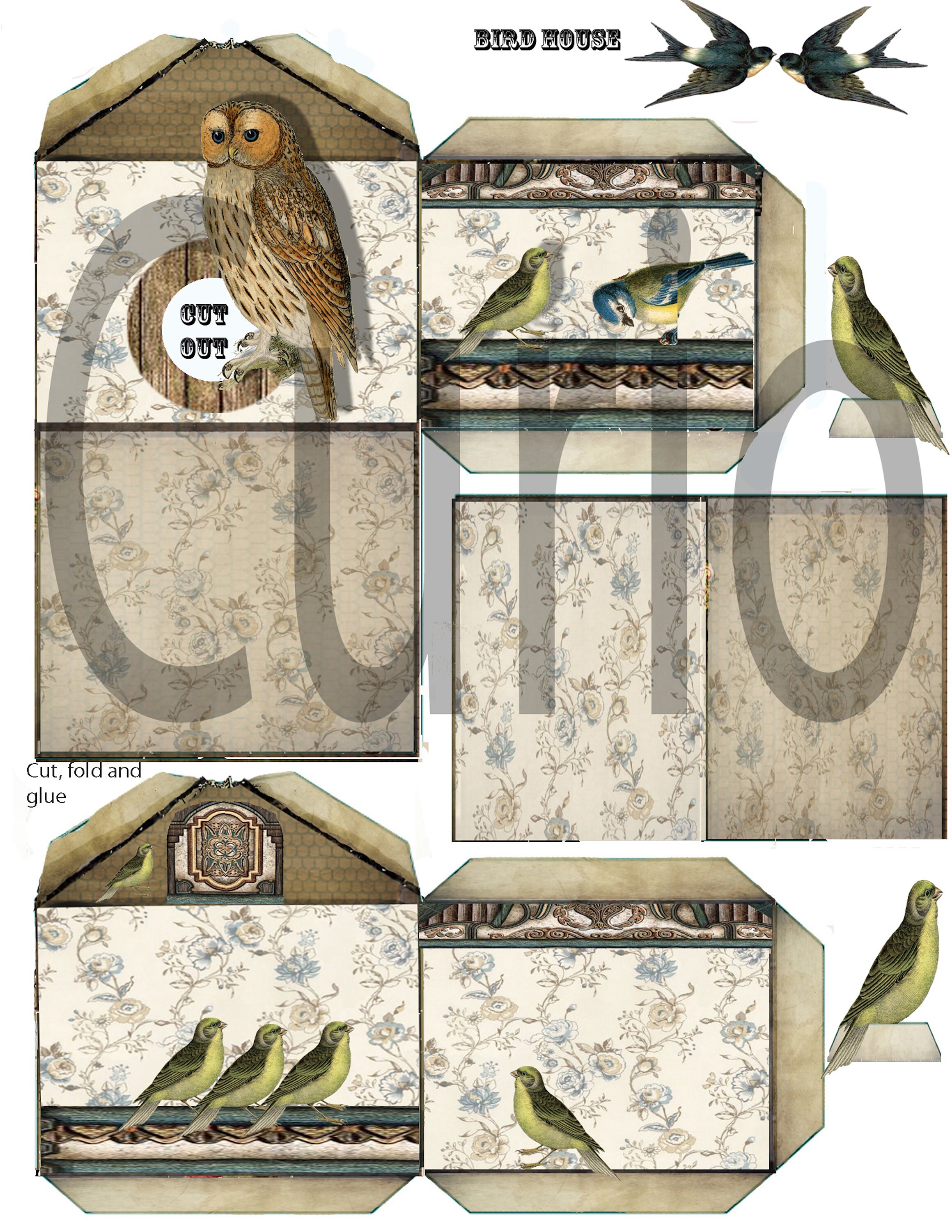 Printable Bird House Decoration for Table Mantle or to Hang on Tree in ...