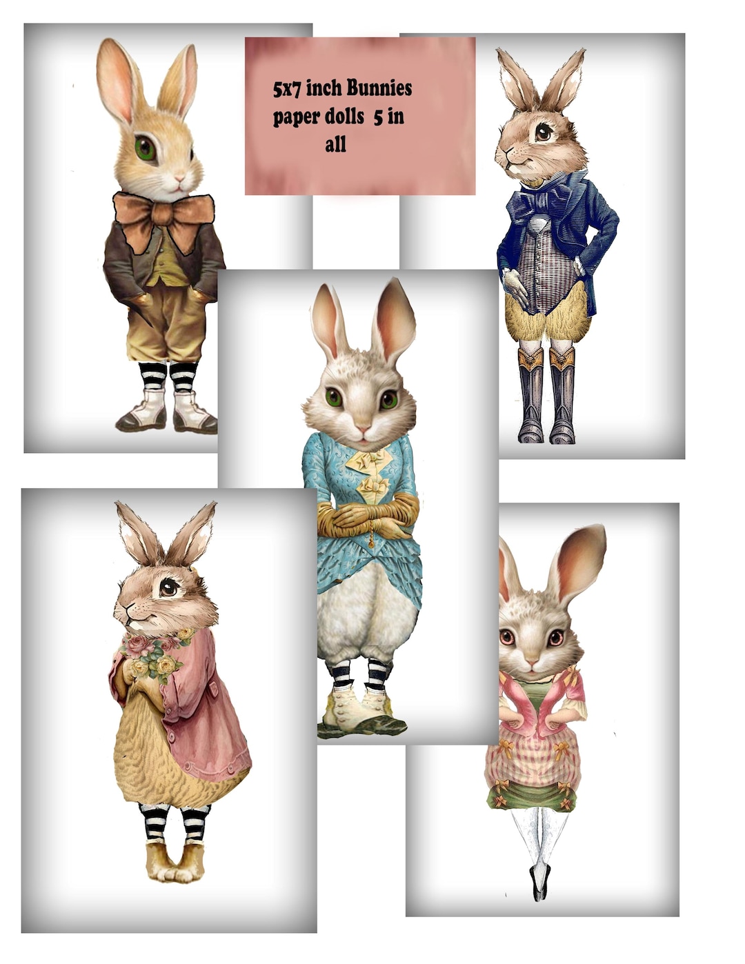 Printable Bunny Paper Dolls 5 Whimsical Rabbits: (5x7 Inch, JPEG ...