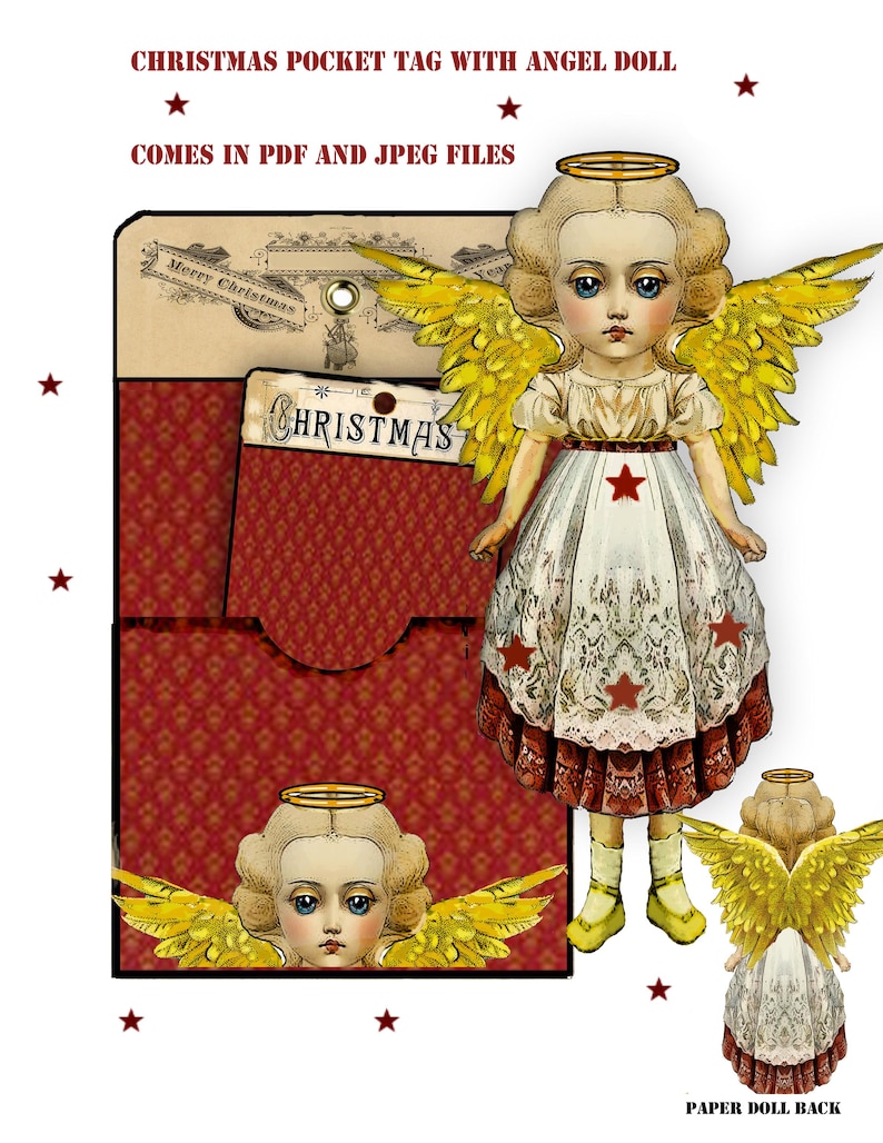 Printable Christmas Angel Doll and Pocket Tag With Ephemera Great ...