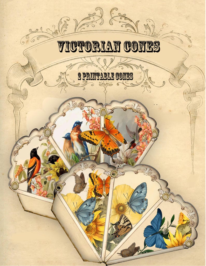 Printable Victorian Flower Butterflies and Birds Cones: Two Party Decor ...