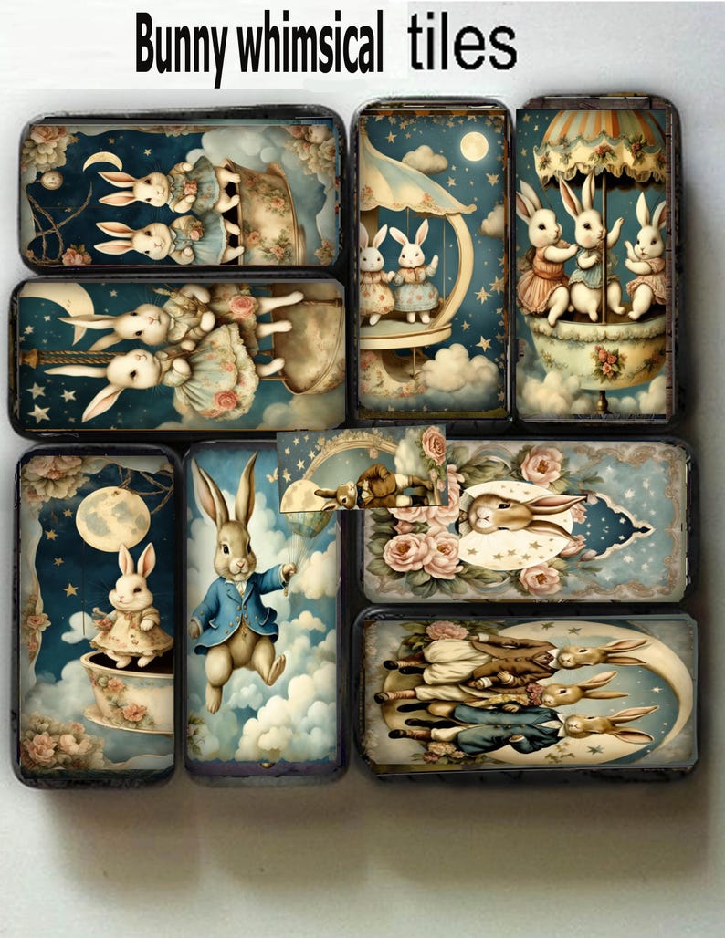 Printable 1x2 Inch Whimsical Bunny Tiles 24 Individual Tiny Collages ...
