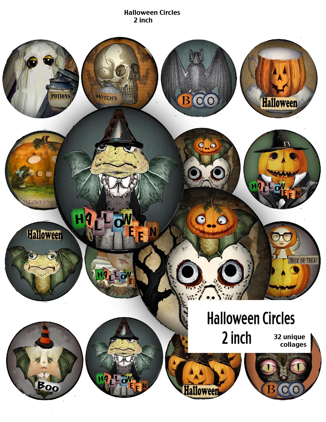 Whimsical Halloween Buttons: Printable 2-inch Spooky Stickers (JPEG ...