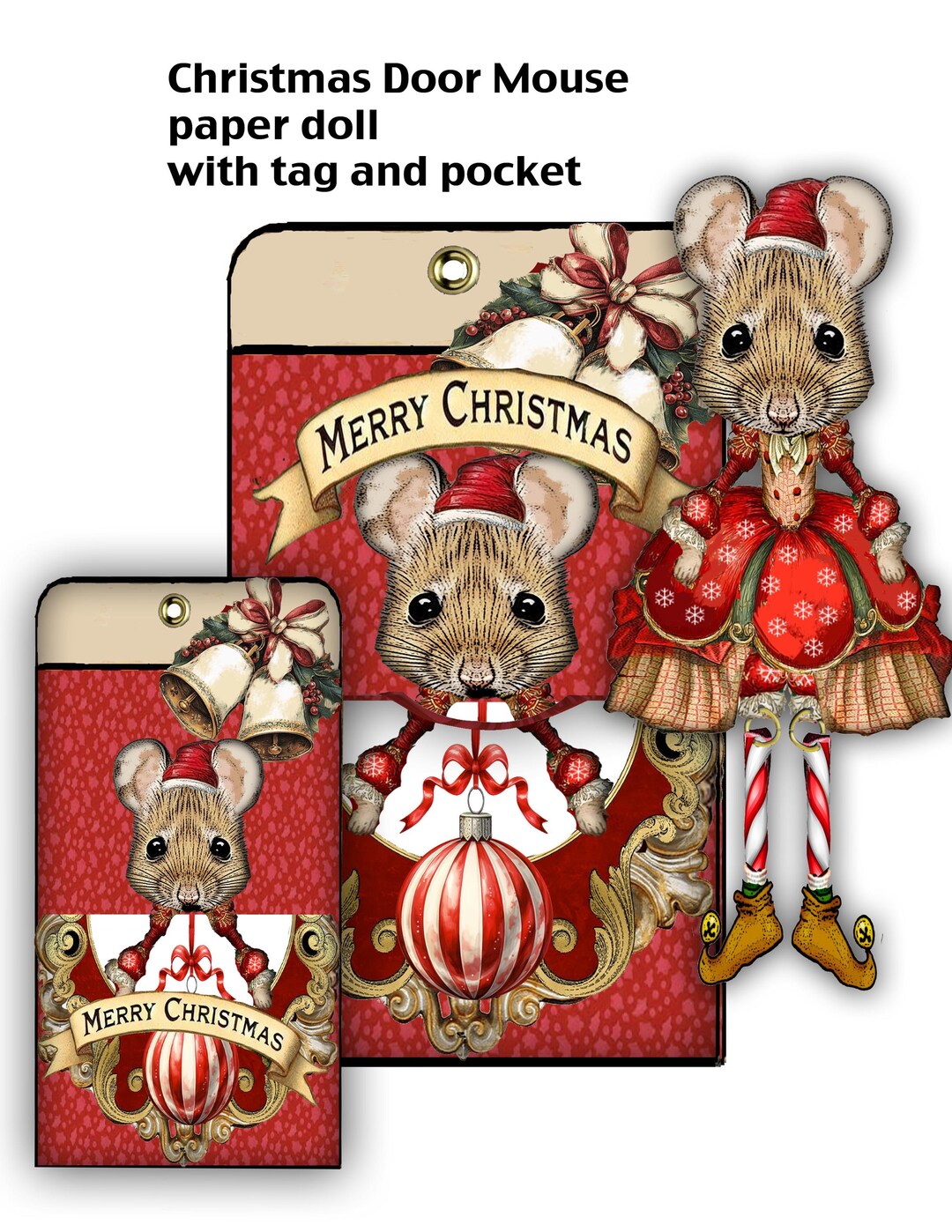 Printable Christmas Paper Doll Dormouse With Pocket Tag Red White (PDF ...