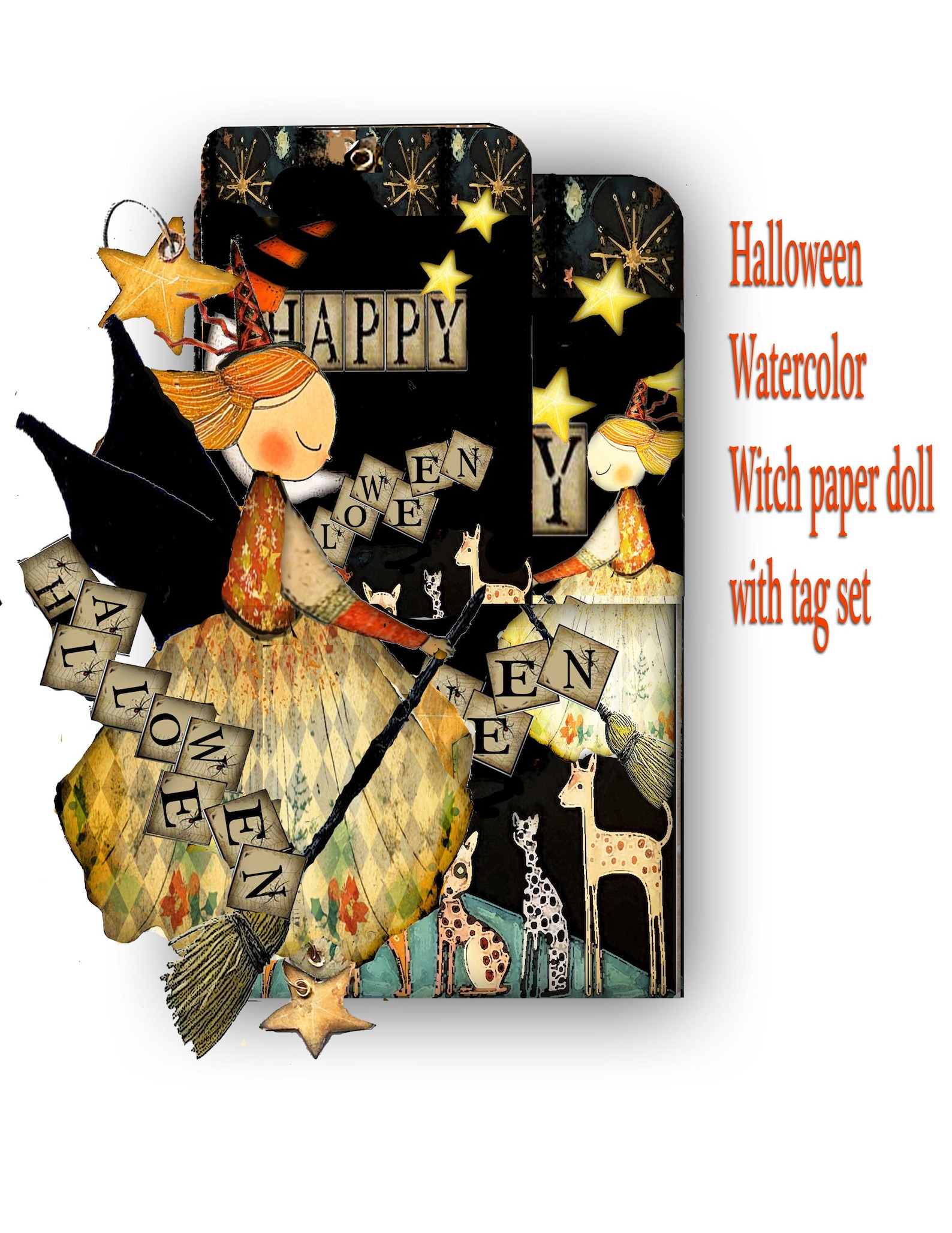 Watercolor Halloween Witch Paper Doll: Printable Folk Art Tag (PDF ...