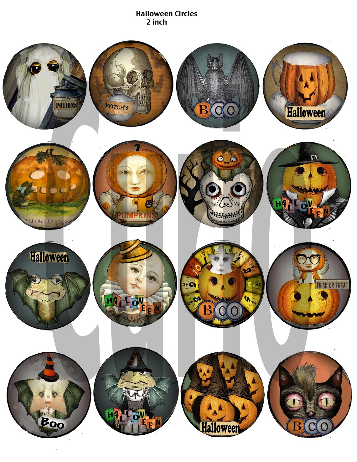 Whimsical Halloween Buttons: Printable 2-inch Spooky Stickers (JPEG ...