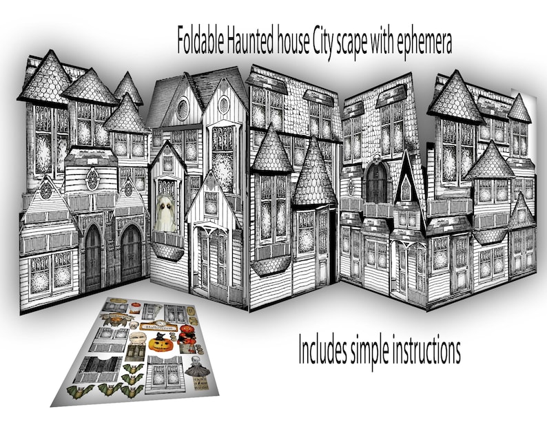 Printable Haunted House Cityscape: Halloween Decor, Scrapbook Project ...