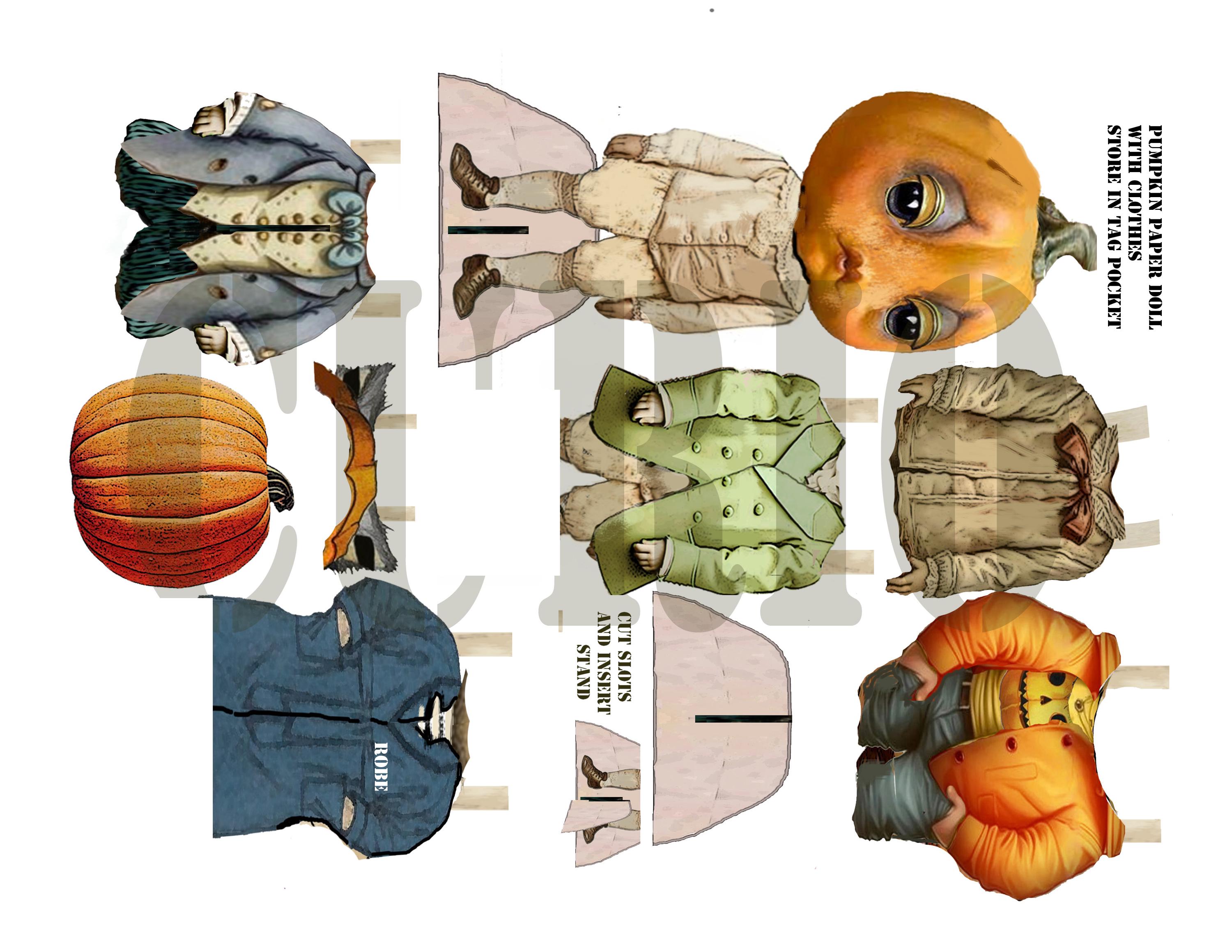 Printable Pumpkin Paper Doll: Halloween Costume Clothes, Pocket Tag ...