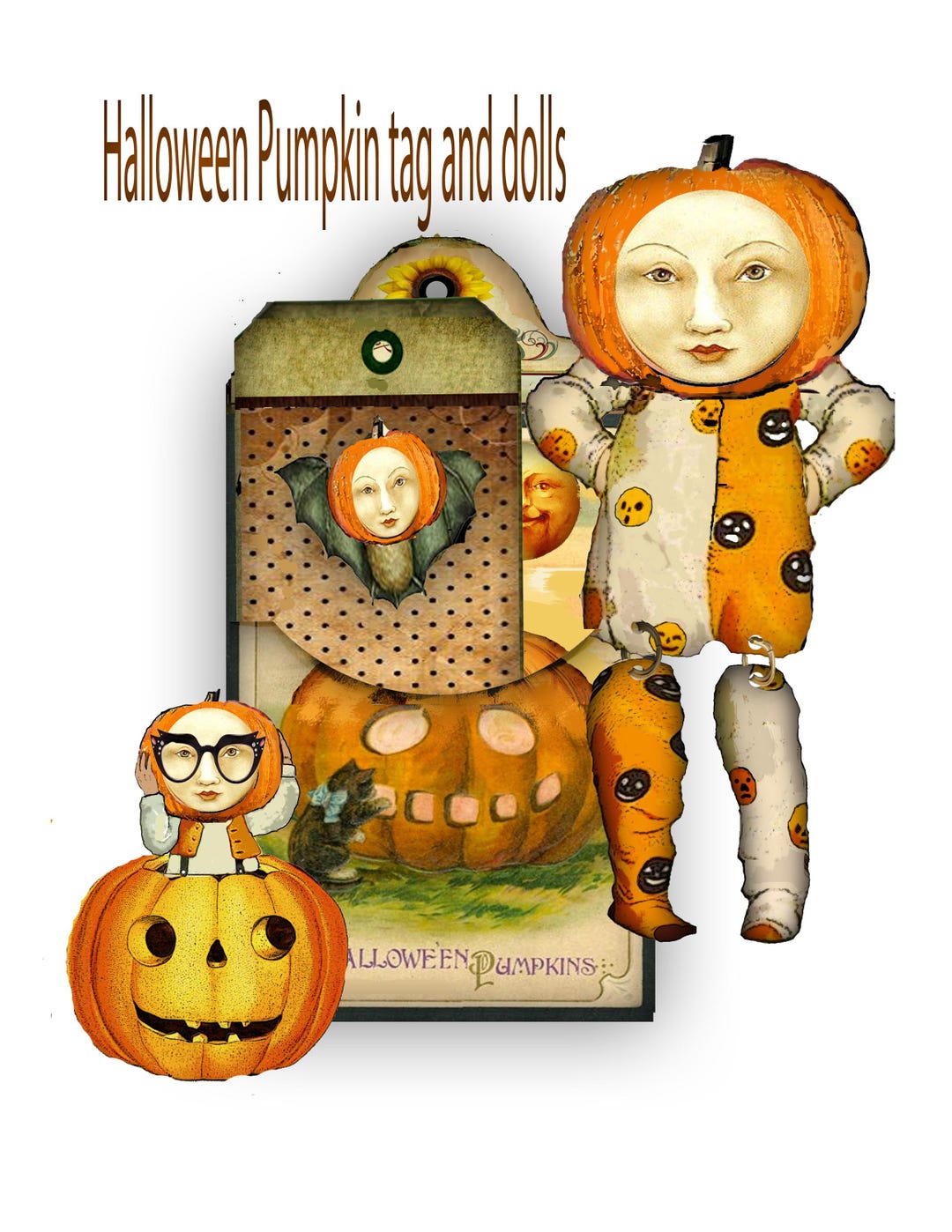 Printable Whimsical Pumpkin Paper Doll Pocket Tag : Halloween DIY Craft ...