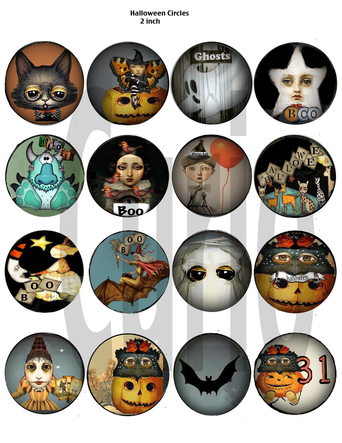 Whimsical Halloween Buttons: Printable 2-inch Spooky Stickers (JPEG ...