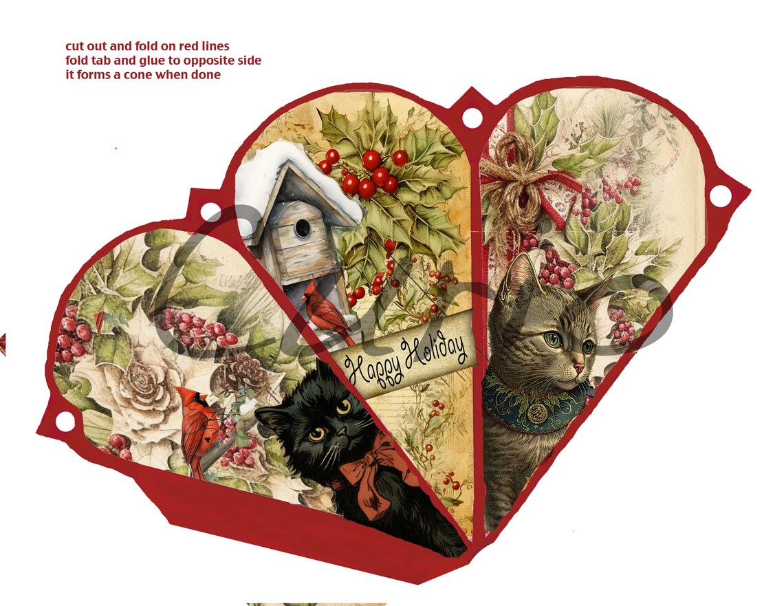 Printable Victorian Christmas Cones Cat Themed: Holiday Decor DIY (JPEG ...